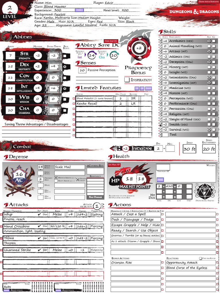 Him (Level 2 - Blood Hunter - Crow Beastman) | PDF | Dungeons & Dragons