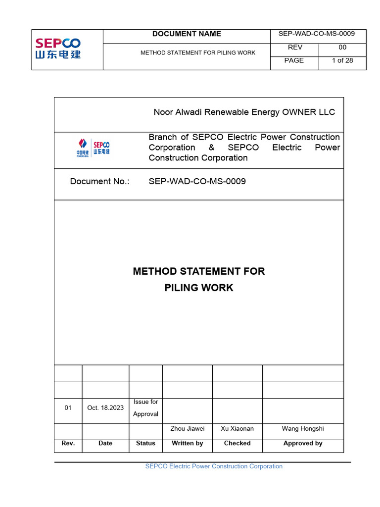 SEP WAD CO MS 0009 Method Statement For Piling Work Rev.00 | PDF | Deep Foundation | Safety