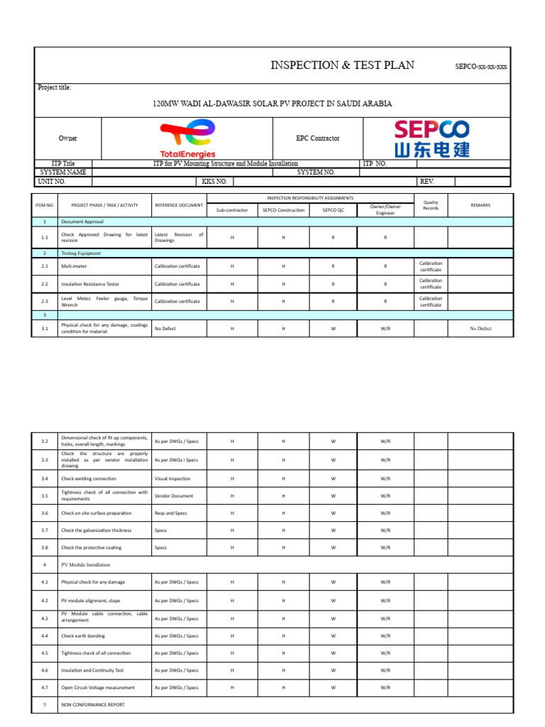 ITP For PV Mounting Structure and Module Installation-2023!05!19 | PDF ...