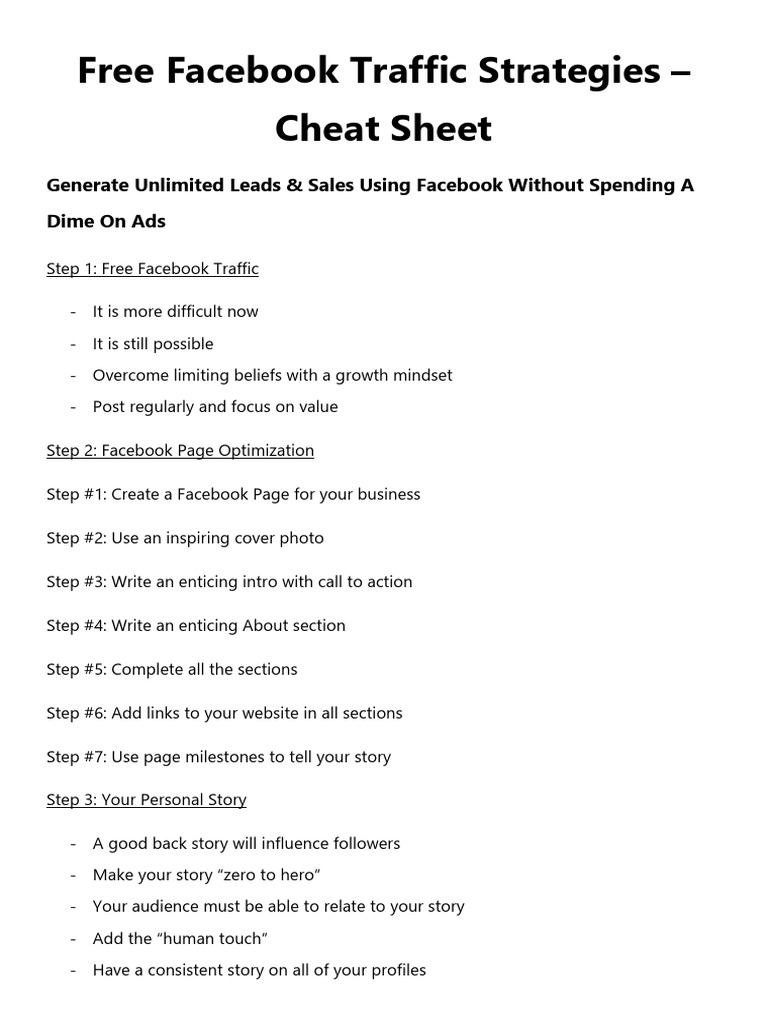 Free Facebook Traffic Strategies - Cheat Sheet | PDF | Facebook | Mass Media