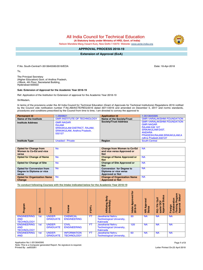 AICTE APPROVAL-merged | PDF | Engineering | Government
