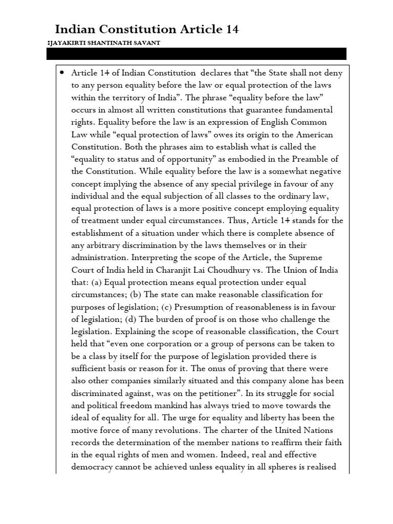 Understanding Article 14 of the Indian Constitution | PDF | Equal ...