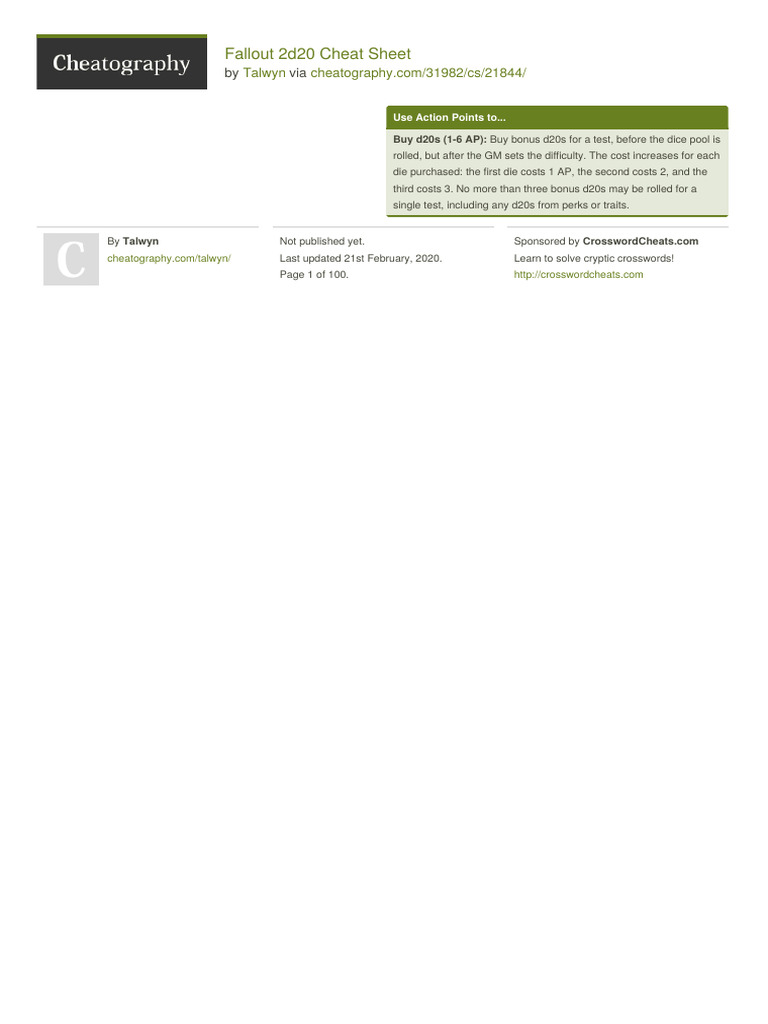 Fallout 2d20 Cheat Sheet: by Via | PDF | Crossword