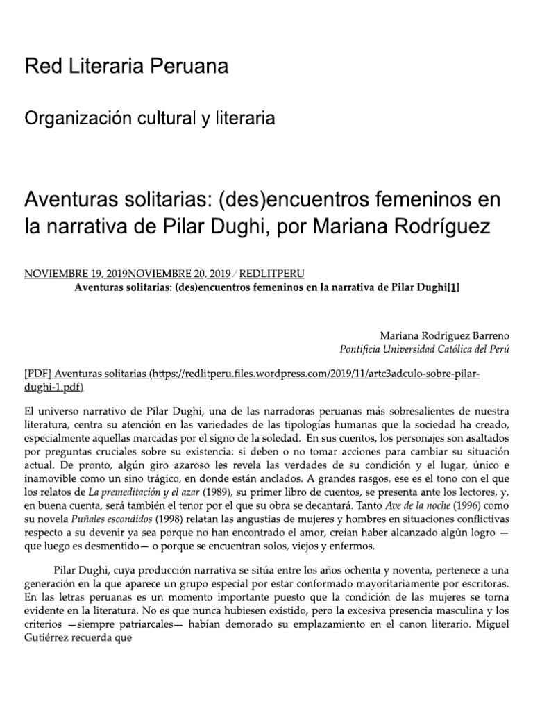 X (Des) Encuentros Femeninos en La Narrativa de Pilar Dughi Por Mariana ...