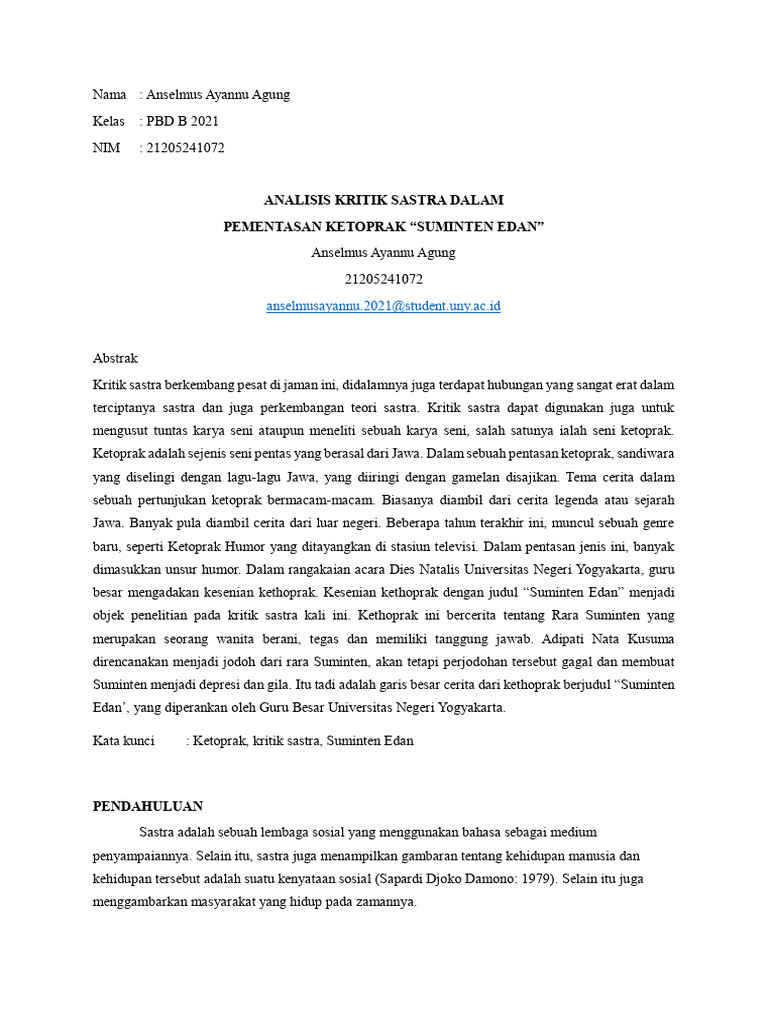 Kritik Sastra Kethoprak "Suminten Edan" | PDF | Seni | Sejarah