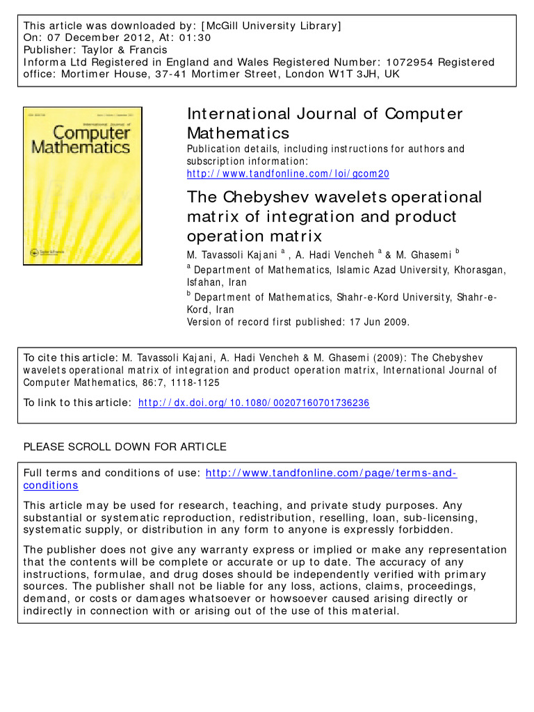 The Chebyshev Wavelets Operational Matrix of Integration and Product Operation Matrix | PDF ...