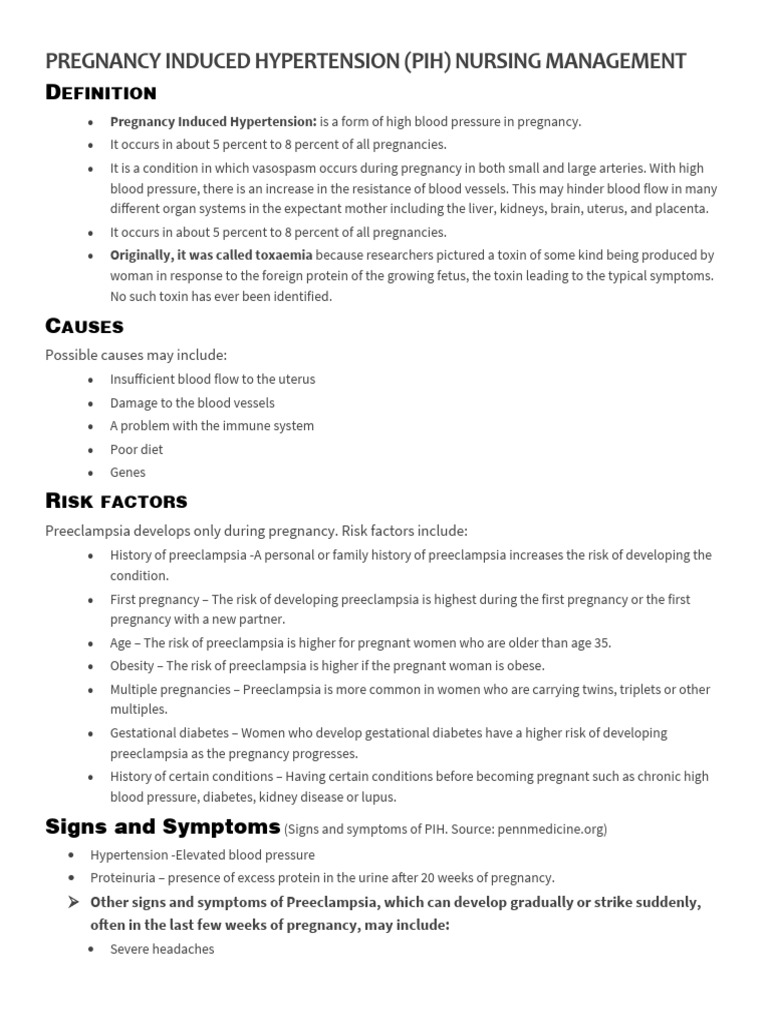 Pregnancy Induced Hypertension (Pih) Nursing Management: Efinition | PDF | Hypertension | Pregnancy