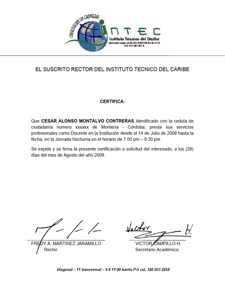 CERTIFICADOS LABORALES INTEC | PDF