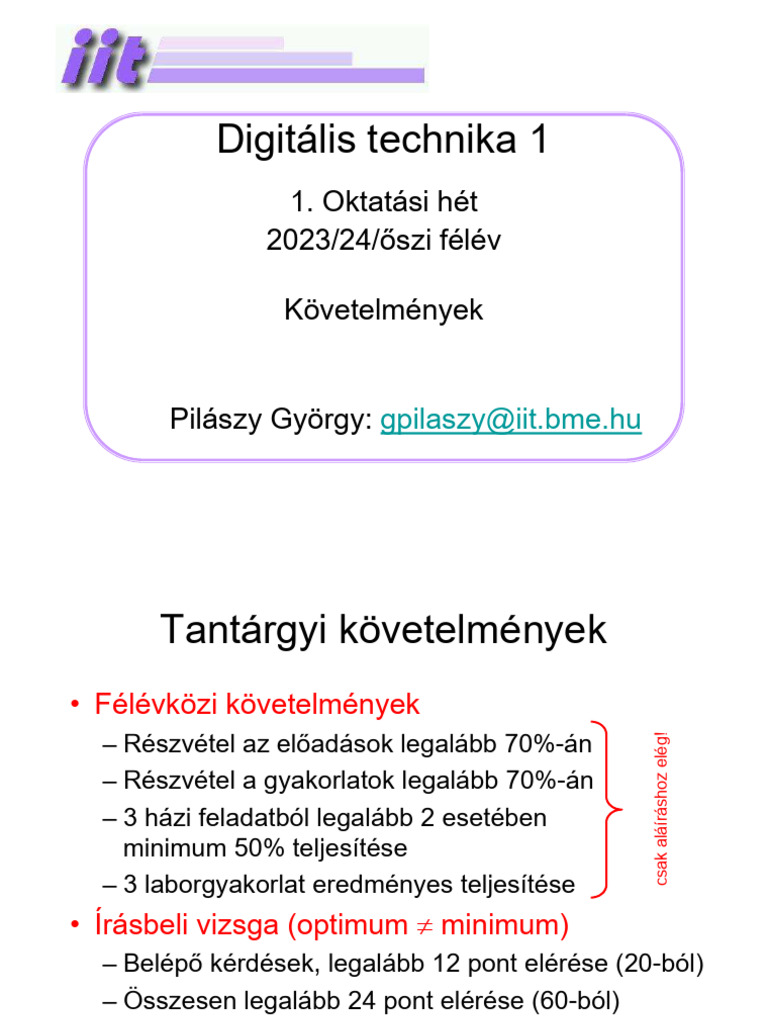 Digitális Technika 1: 1. Oktatási Hét 2023/24/őszi Félév Követelmények | PDF