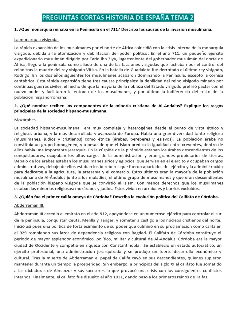 Preguntas Cortas Historia de España Tema 1 | PDF | Imperio español | Al Andalus