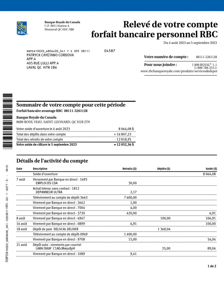 Relevé de Votre Compte Forfait Bancaire Personnel RBC | PDF