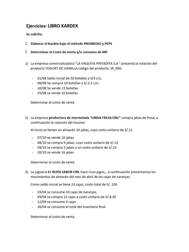 Ejercicios Libro Kardex | PDF