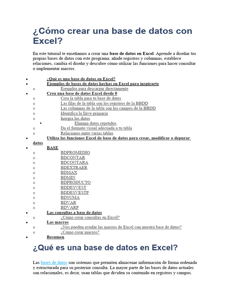 Cómo Crear Una Base de Datos Con Excel | PDF | Bases de datos | Microsoft Excel