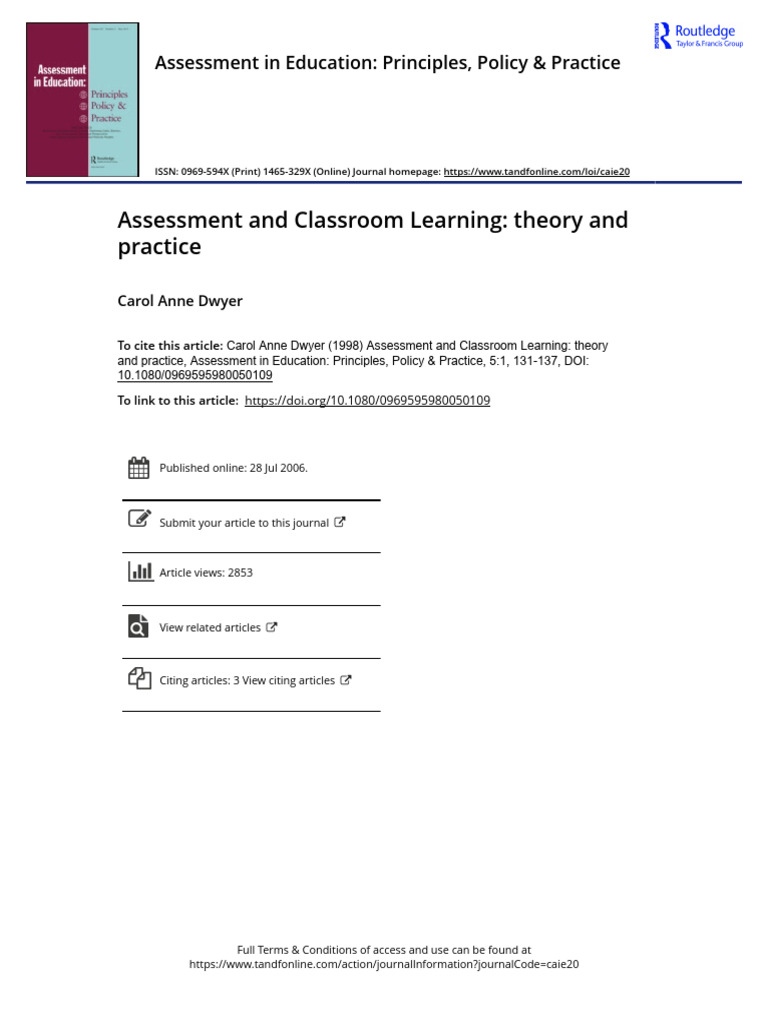 DWYER Assessment and Classroom Learning Theory and Practice | PDF | Educational Assessment ...
