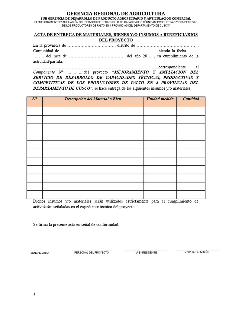Acta de Entrega Materiales Varios | PDF