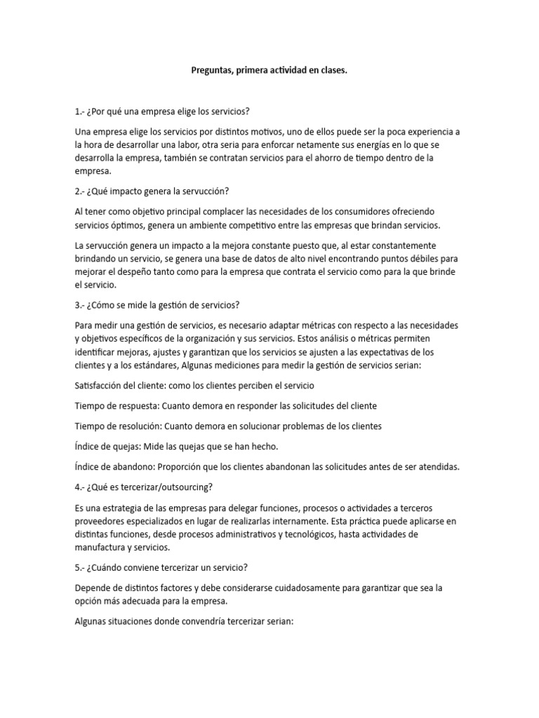 Preguntas Gestion de Servicios Alberto Vasquez | PDF | Business | La satisfacción del cliente