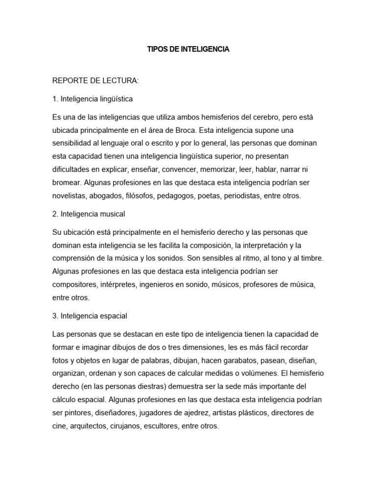 Tipos De Inteligencia Pdf Inteligencia Hemisferio Cerebral