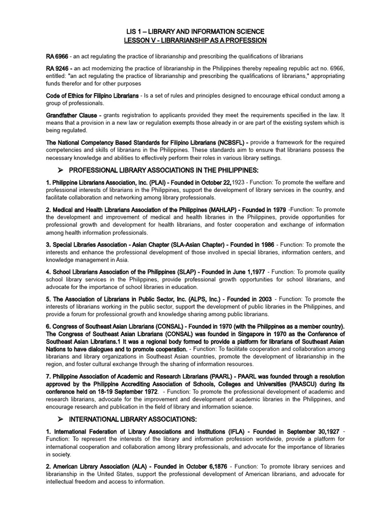 LIS 1 Lesson 5 Notes | PDF | Libraries | Librarian
