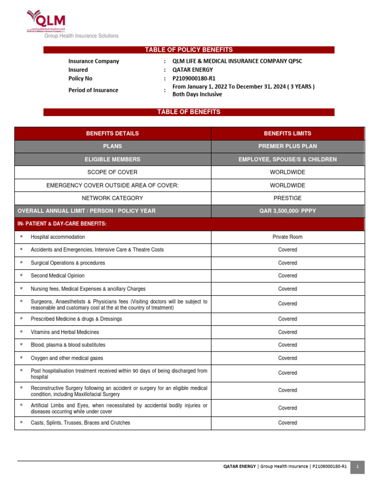 Table of Benefits QLM | PDF | Medicine | Dentistry