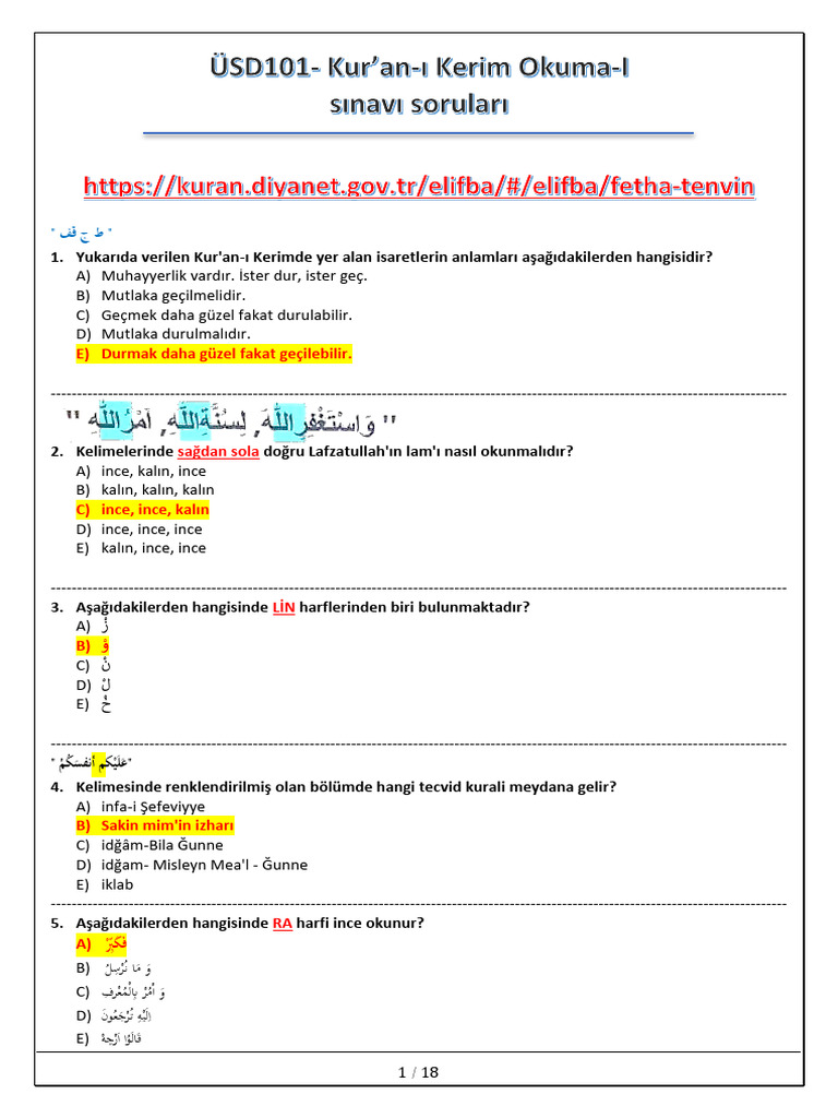 Kur'an-I Kerim Okuma-I Sınavı Soruları | PDF