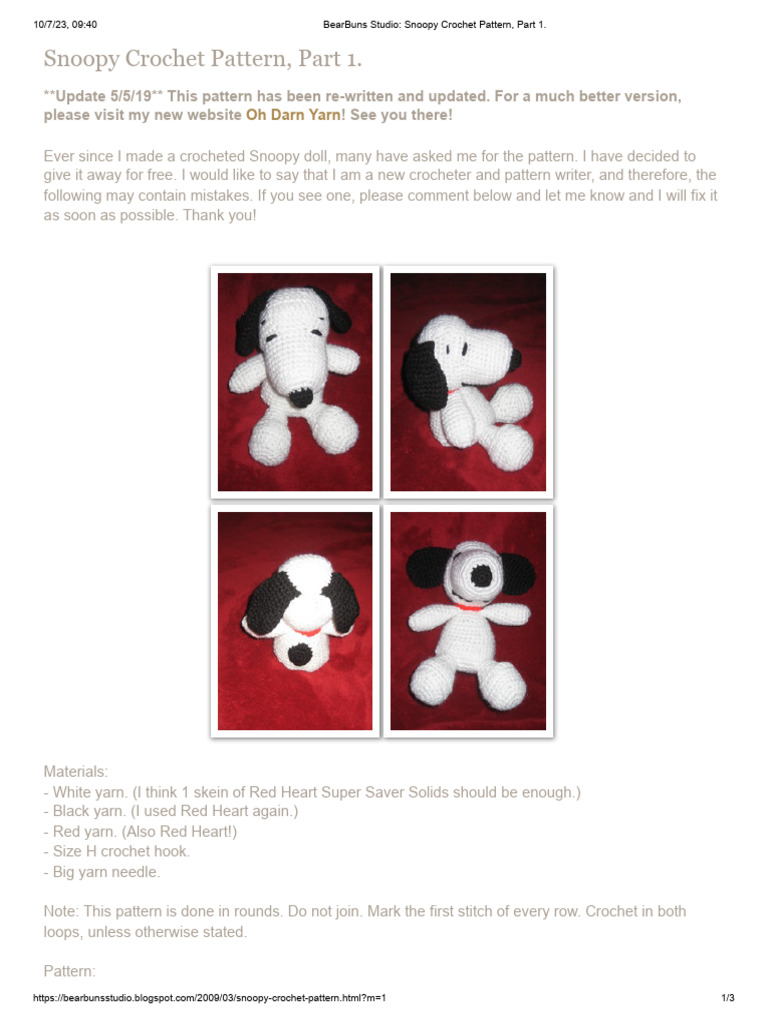BearBuns Studio - Snoopy Crochet Pattern, Part 1 | PDF | Crochet | Yarn