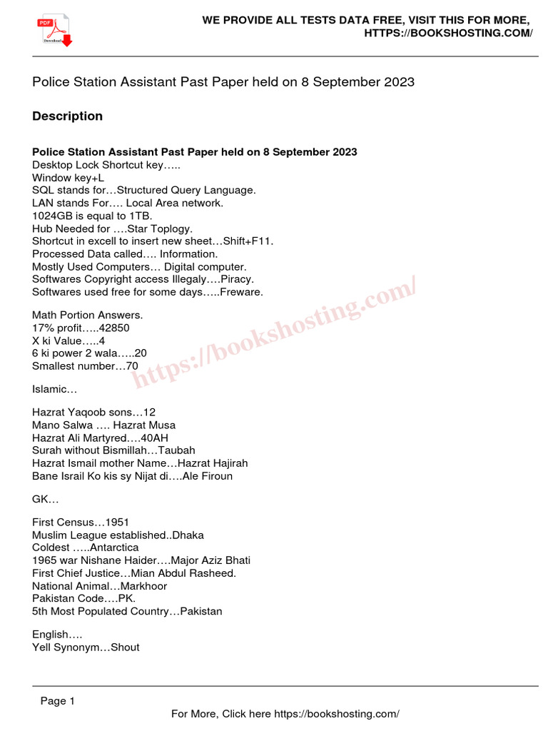 Police Station Assistant Past Paper held on 8 September 2023 | PDF ...