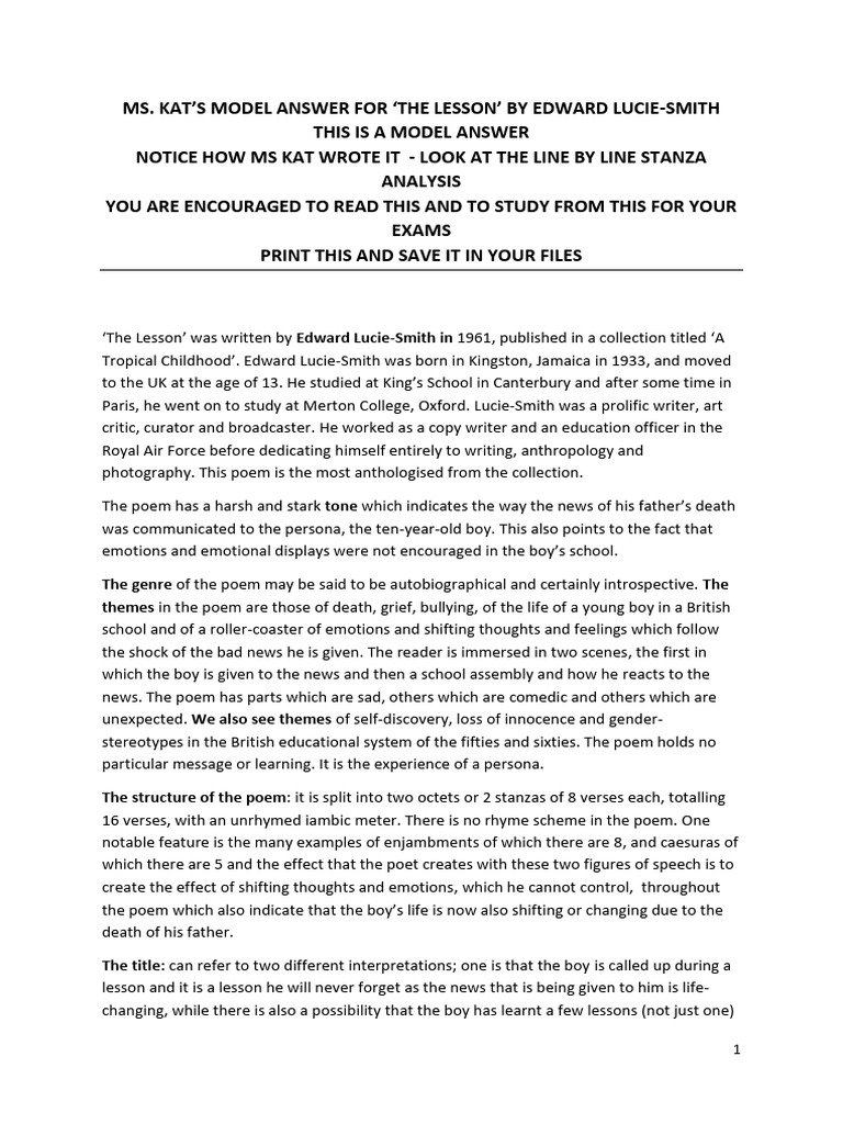 The Lesson Poetry Appreciation Ms. Kat | PDF