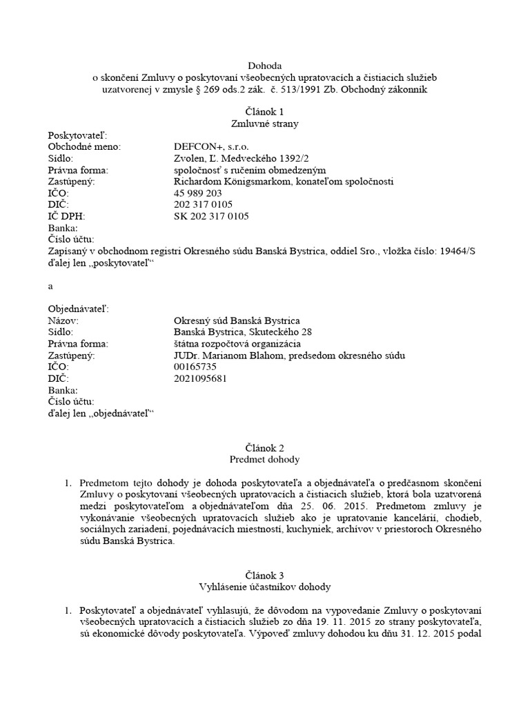 Dohoda o Ukonceni Zmluvy | PDF