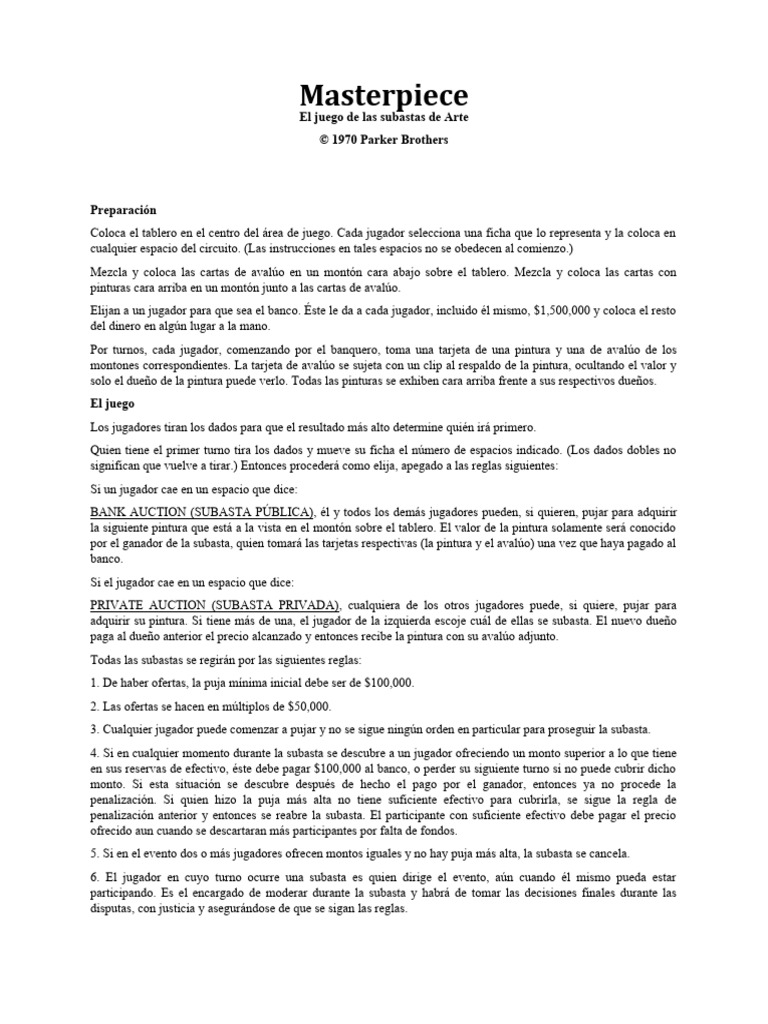 Masterpiece Reglas Del Juego de Mesa | PDF | Subasta