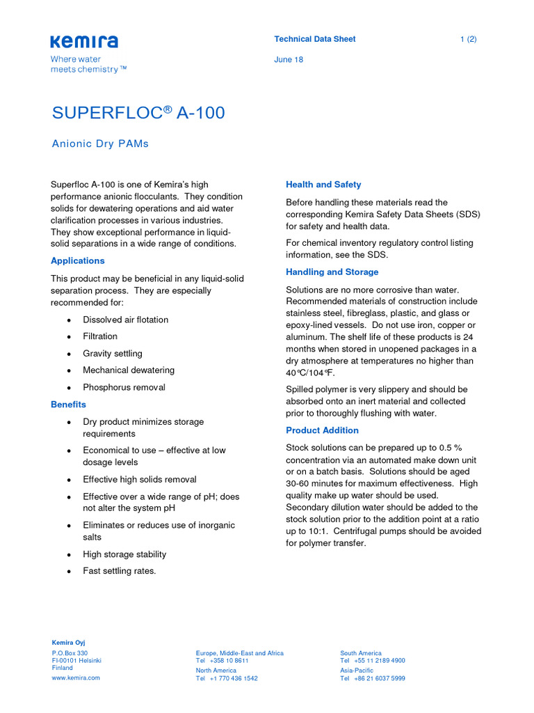 TDS - Superfloc A-100 - EN | Download Free PDF | Water | Chemical ...