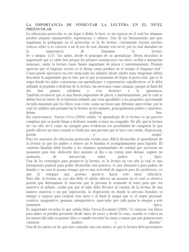 La Importancia De Fomentar La Lectura En El Nivel Preescolar Pdf