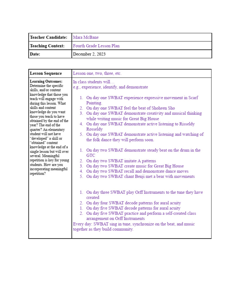Fourth Grade Lesson Plan | PDF | Dances | Rhythm
