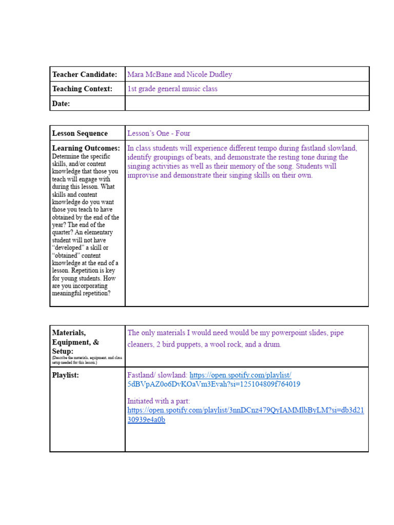 Primary Elementary 4x4 Lesson Plan | PDF | Singing | Piano