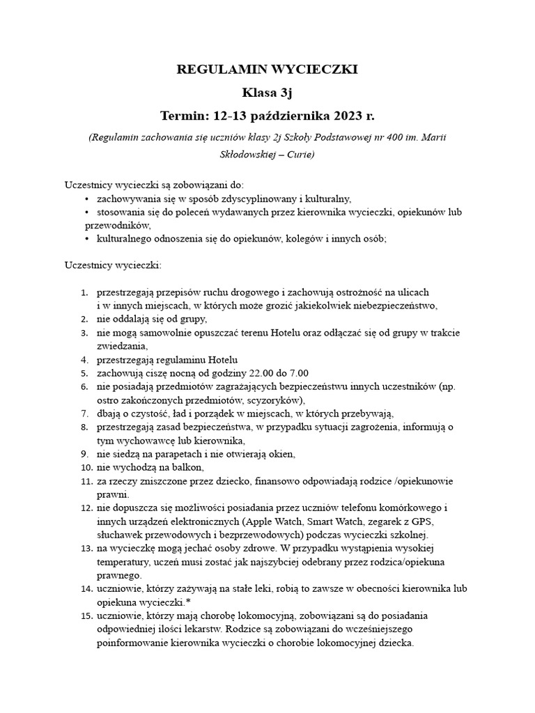 Regulamin Wycieczki Zielona Szkoła | PDF