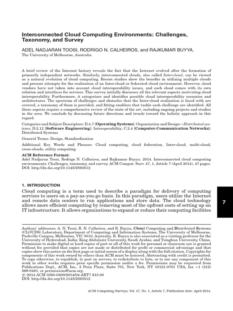 Interconnected Cloud Computing Environments: Challenges, Taxonomy, and Survey | PDF | Cloud ...