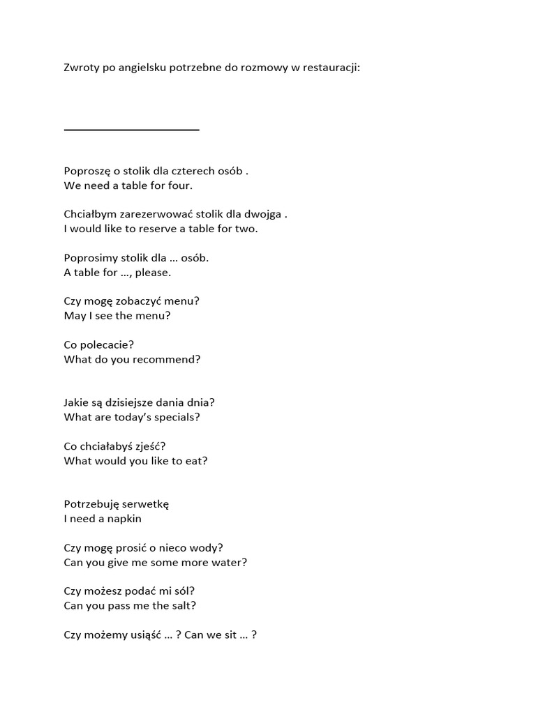 Zwroty Po Angielsku Potrzebne Do Rozmowy W Restauracji | PDF