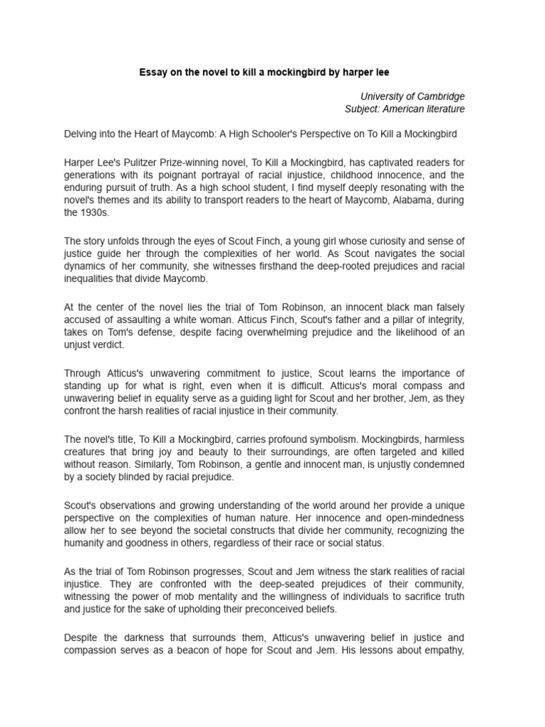 Essay On Harper's Novel To Kill A Mockingbird | PDF | To Kill A Mockingbird
