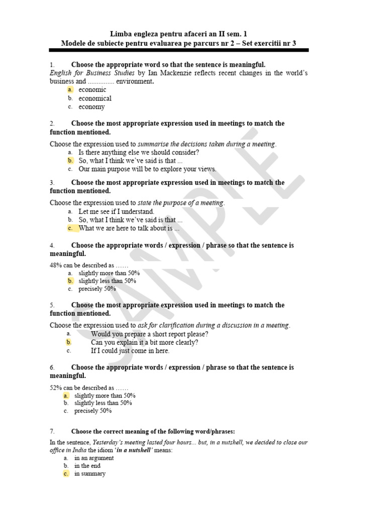 Modele Subiecte Set Exercitii NR 3 En4Business Evaluarea NR 2 | PDF