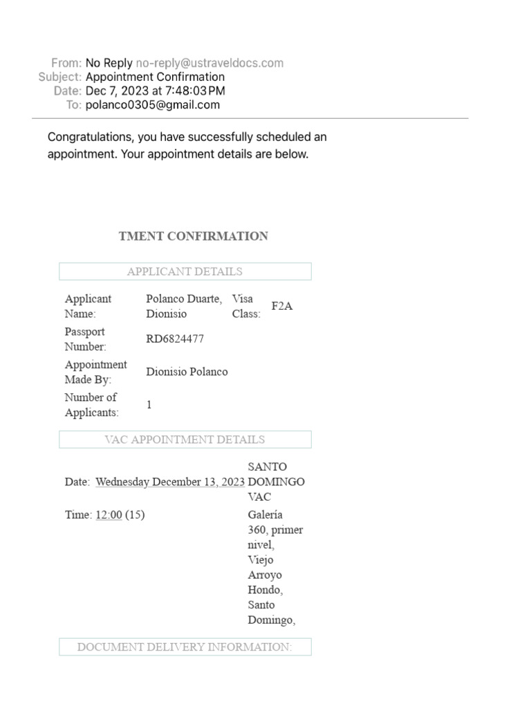 Visa Appointment Confirmation - Santo Domingo | PDF | Travel Visa ...