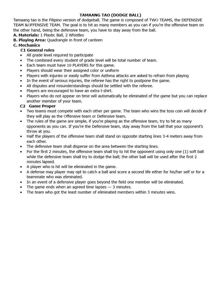 Filipino Dodgeball: Tamaang Tao Rules | PDF