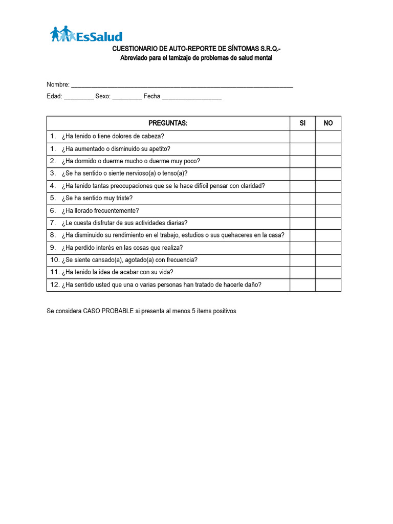 Cuestionario SRQ Abreviado | PDF