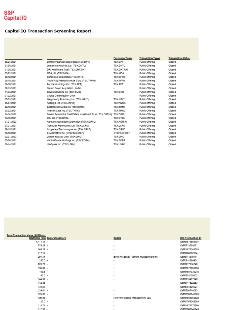 Capital IQ Transaction Screening Report | PDF | Mergers And ...