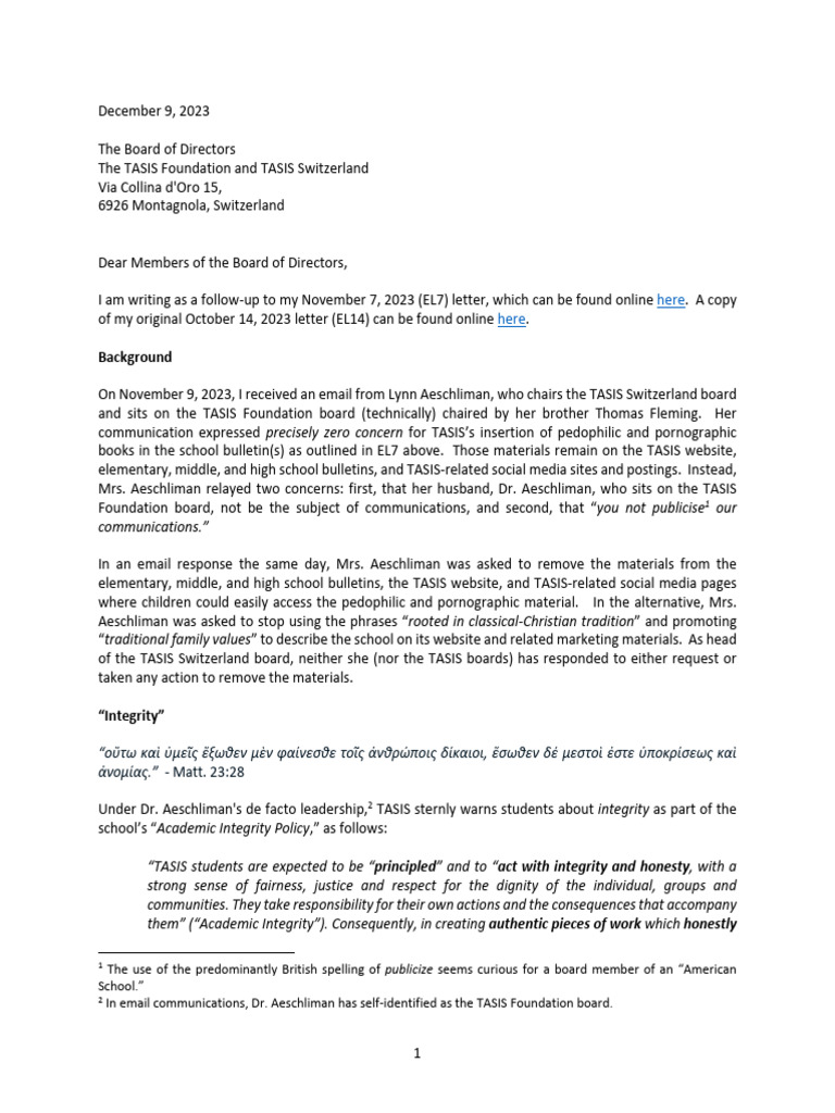 Rev. Fr. Emmanuel Lemelson: A Follow Up Letter To The TASIS Foundation ...