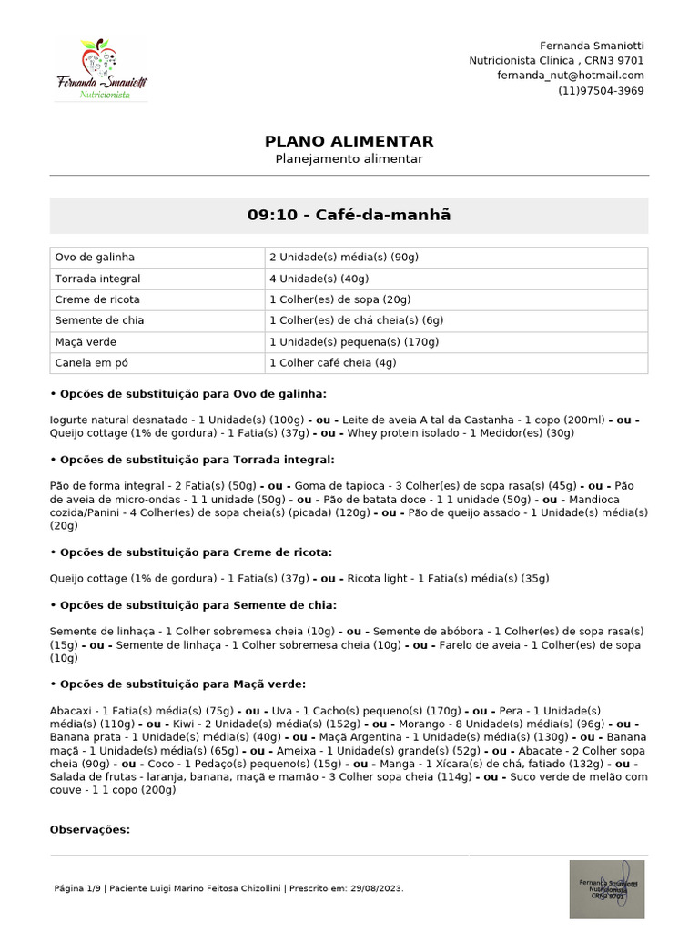 Plano Alimentar - Luigi Marino Feitosa Chizollini | PDF | Brócolis | Leite