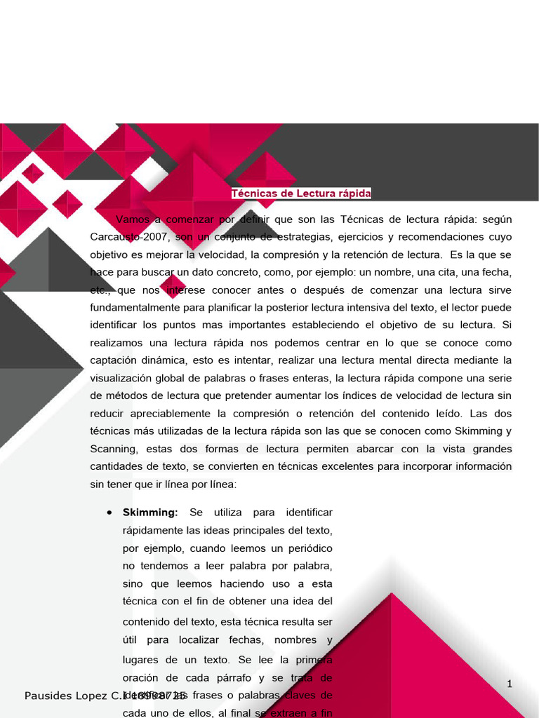 Técnicas de Lectura Rápida: Skimming y Scanning | PDF | Lectura veloz ...