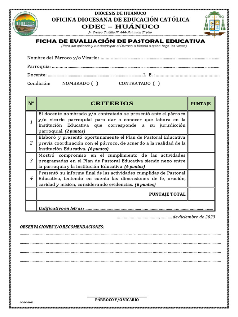 FICHA DE EVALUACIÓN DE PASTORAL EDUCATIVA - Párroco-2023 | PDF