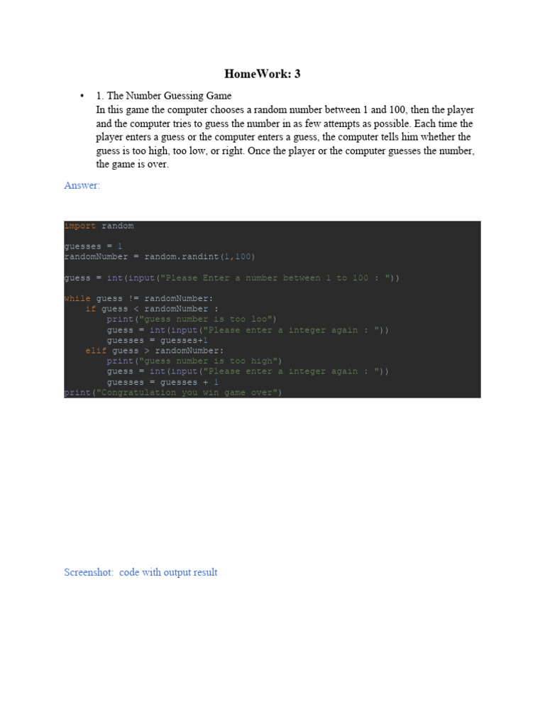 Number Guessing Game Code in Python | PDF