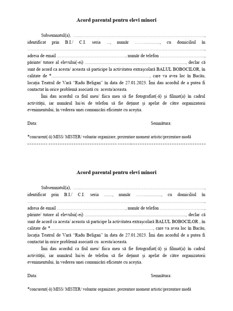 Acord Parental Pentru Participare (2022) | PDF