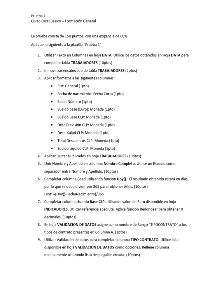 Instrucciones para Prueba Excel Básico | PDF | Microsoft Excel