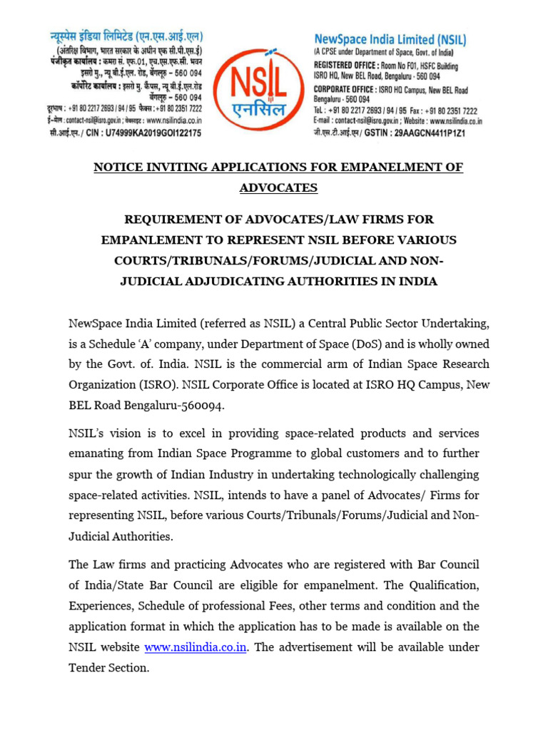 NSIL Advocate Empanelment Notice | PDF | Advocate | Tribunal